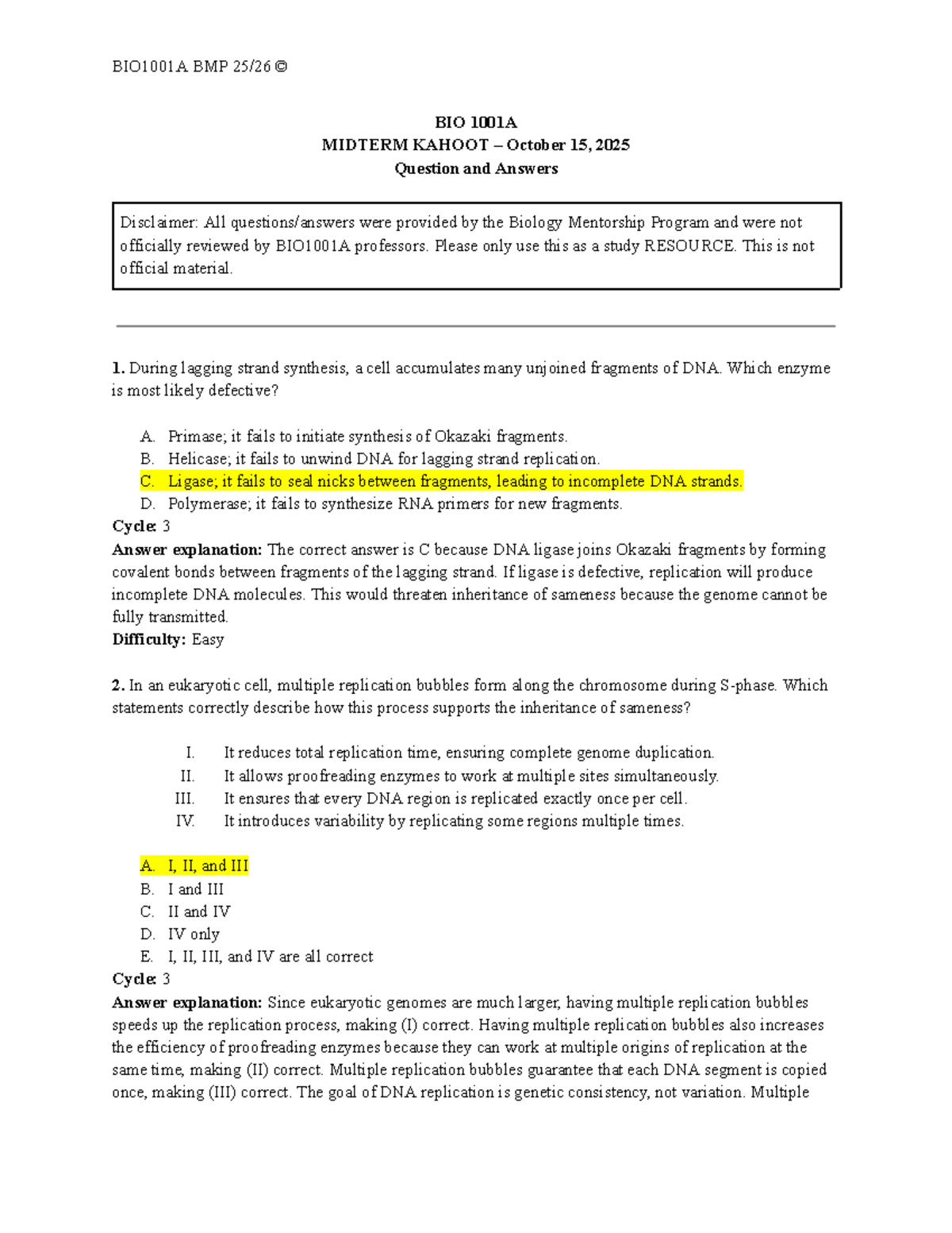 BIO1001A BMP BIO 1001A MIDTERM KAHOOT Q&A Study Guide - Studocu