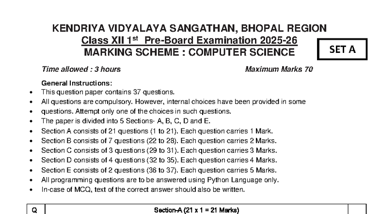 MS XII S1 CSC - Computer Science 1st Exam Set A Marking Scheme - Studocu