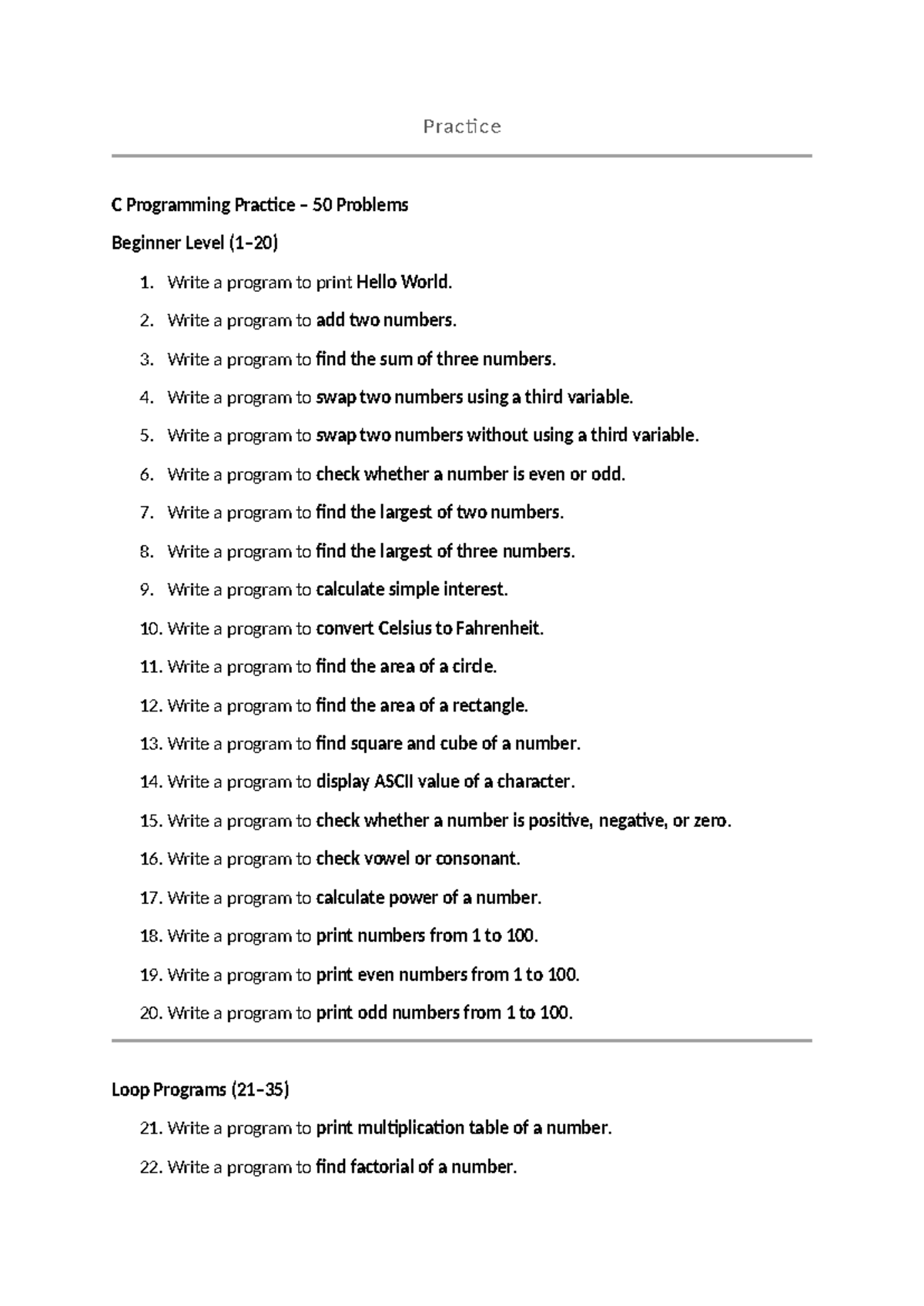 C Programming Practice: 50 Beginner Problems for Level 1 - Studocu