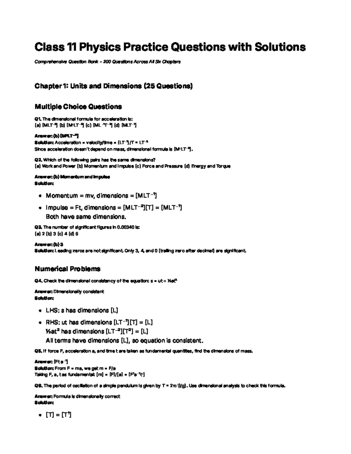 Class 11 Physics Question Bank: 200 Qs & Solutions Across 6 Chapters ...