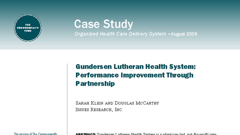 Case Study: Performance Improvement in Gundersen Lutheran Health System ...
