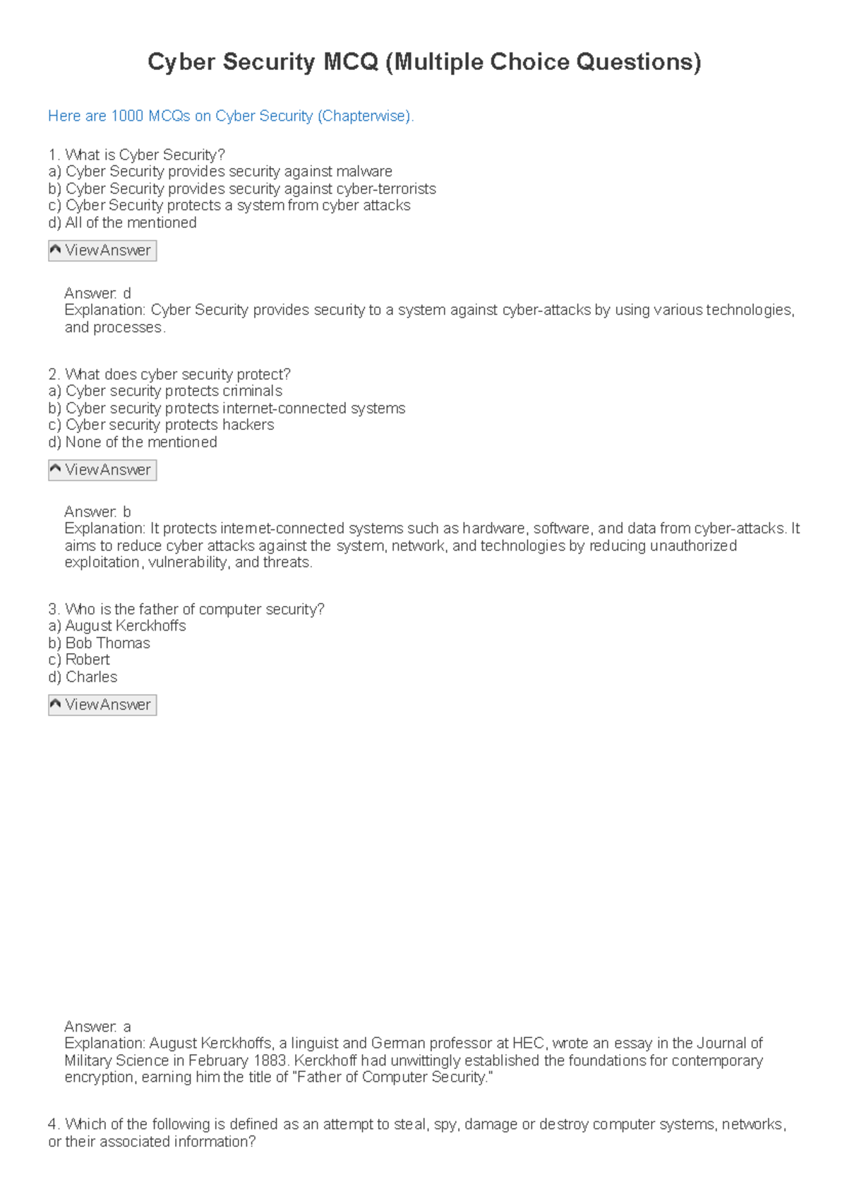 1000 Cyber Security MCQs (Multiple Choice Questions) - Sanfoundry - Studocu