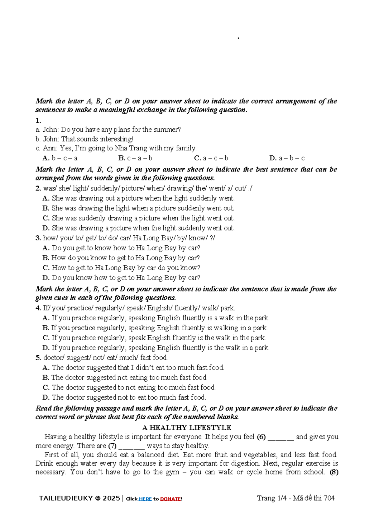 Test 2 - Sentence Arrangement and Reading Comprehension Practice - Studocu