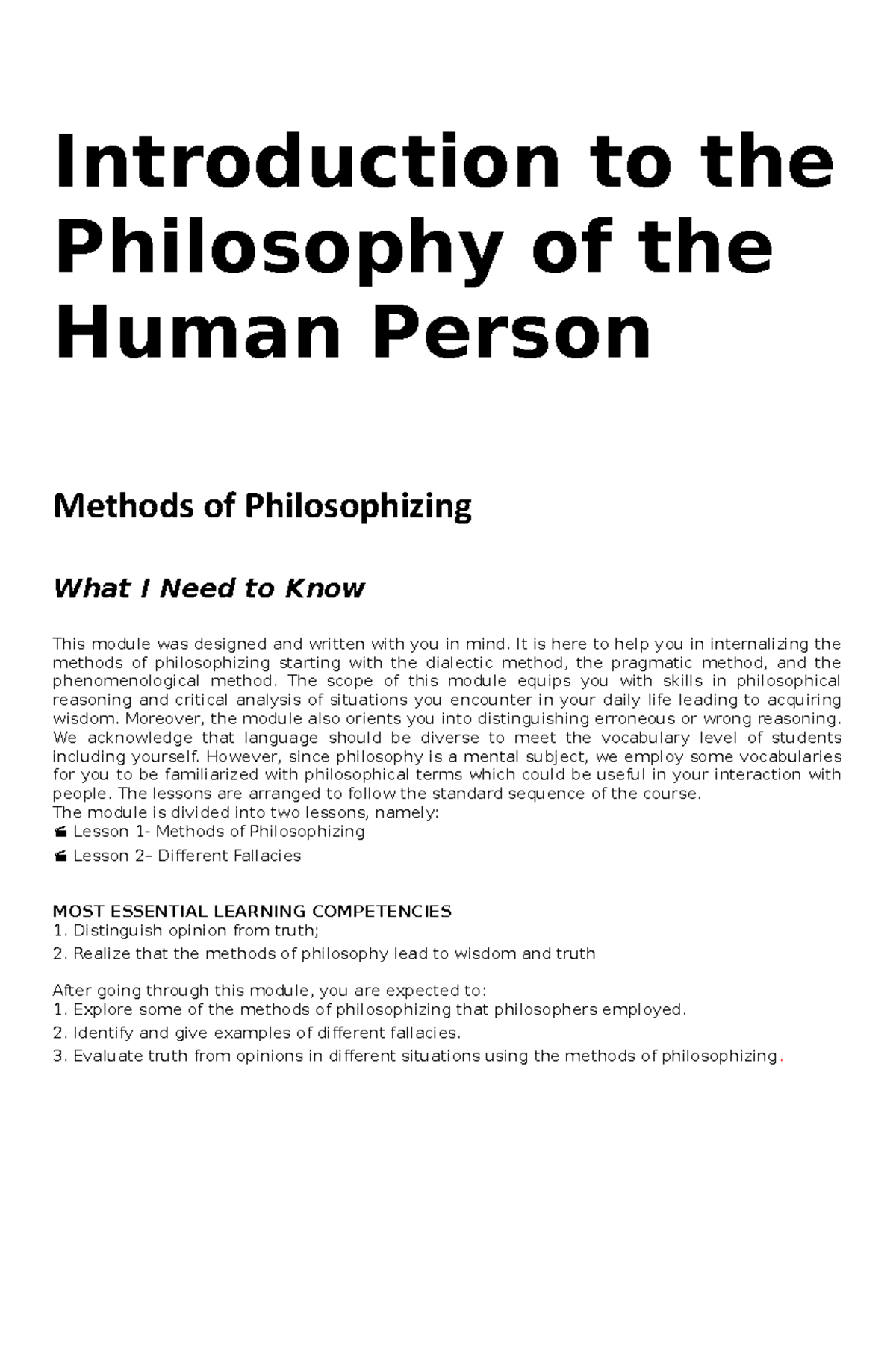 Philo Q1 Mod-2.2 Methods of Philosophizing and Fallacies - Studocu