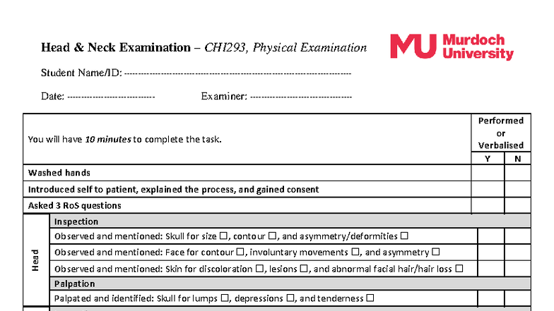 Head & Neck Examination - Skill Performance Eval CHI293 - Final - Studocu