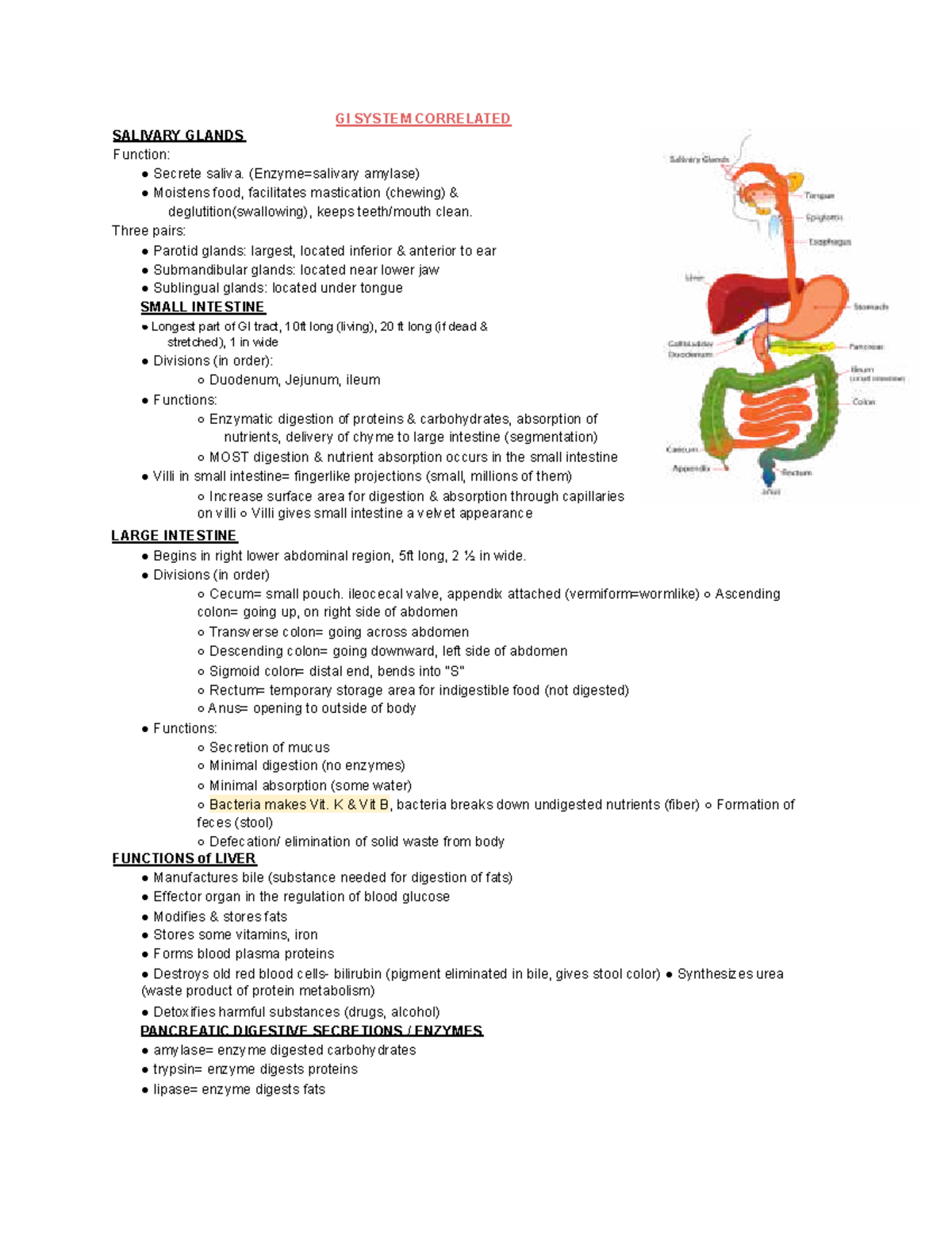 GI SYSTEM CHEAT SHEET: FUNCTIONS, STRUCTURES & ASSESSMENTS (NUR 101 ...