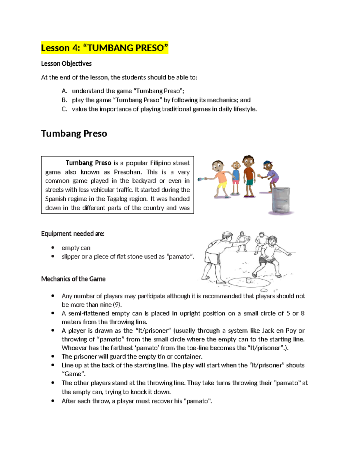 Lesson 4: Objectives and Mechanics of Tumbang Preso Game - Studocu