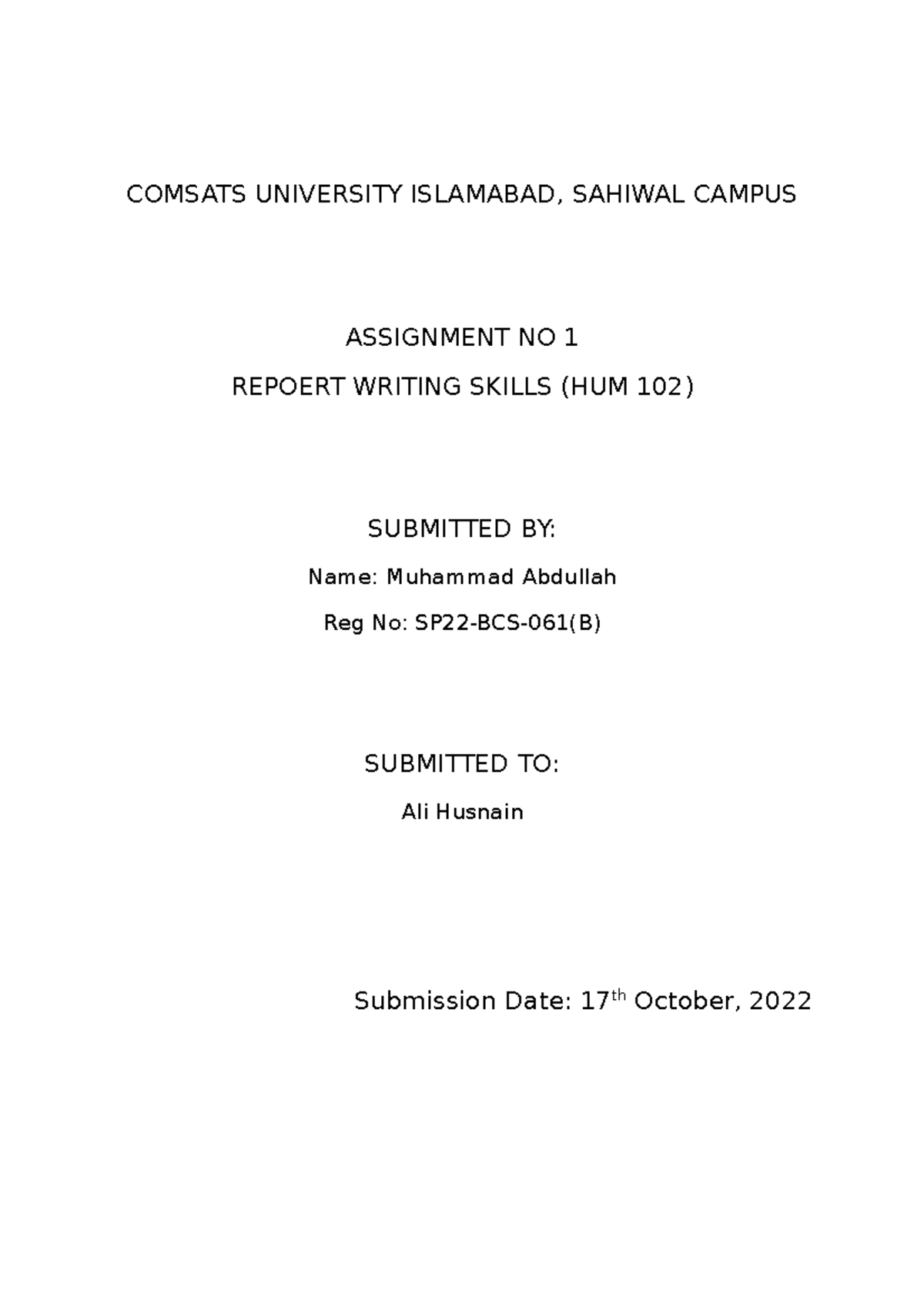 Report Writing Skills - Assignment - COMSATS UNIVERSITY ISLAMABAD ...