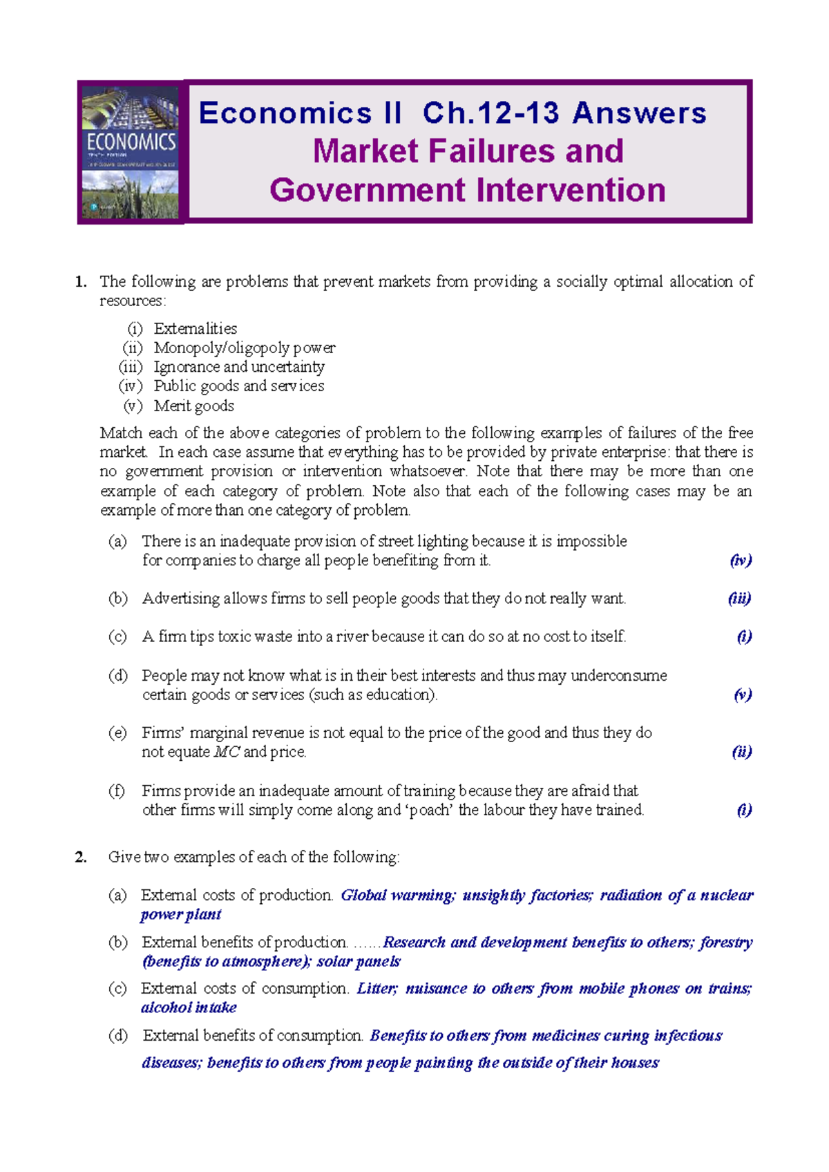 IE WS 5 Q&A: Market Failures & Gov. Intervention (Ch. 12-13) - Studeersnel