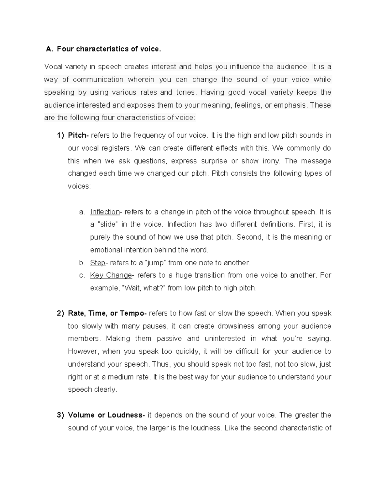 Lesson 8 QUIZ - 4 characteristics of voice - A. Four characteristics of ...