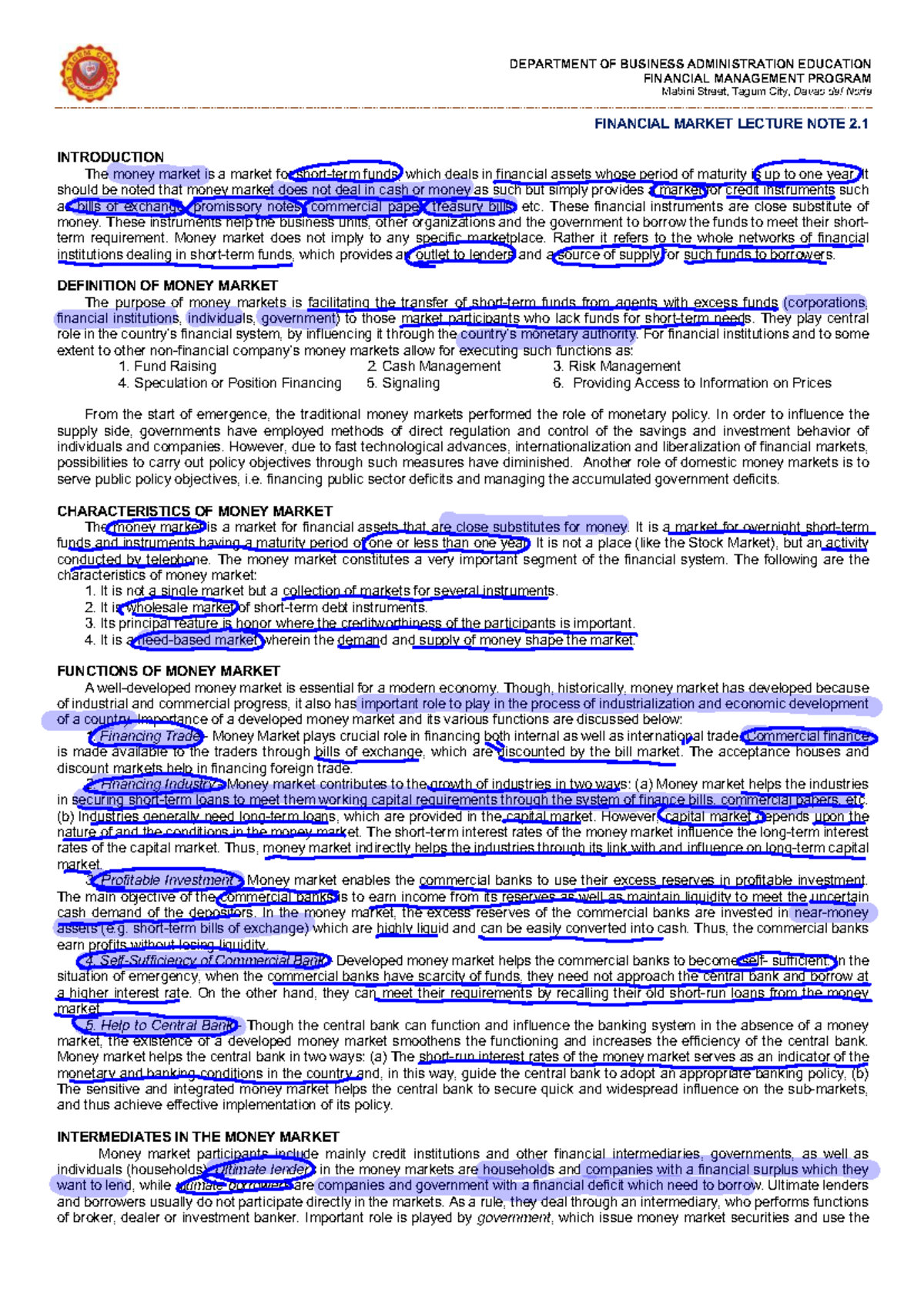 FIN 234: Financial Market Lecture Notes on Money Market - Studocu