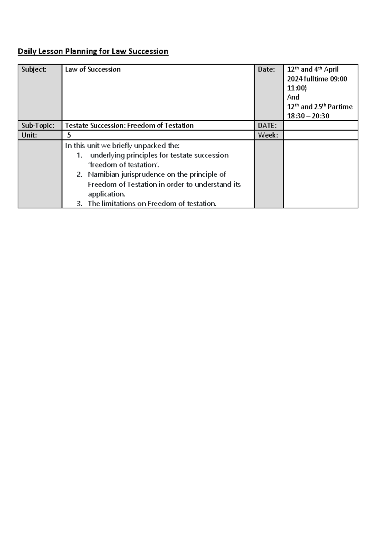 Law 101: Daily Lesson Planning on Testate Succession & Freedom of ...