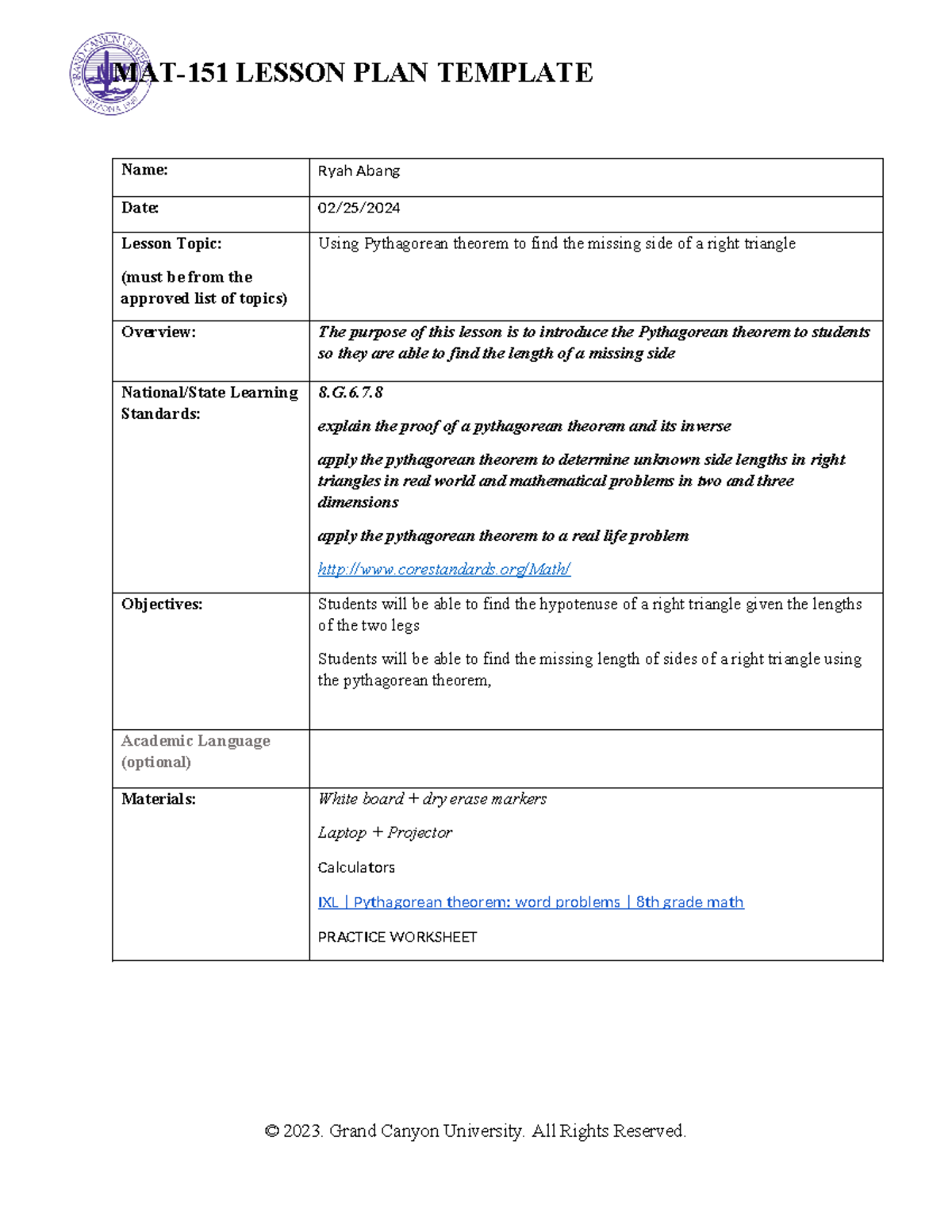MAT-151 Lesson Plan: Exploring the Pythagorean Theorem in Right ...