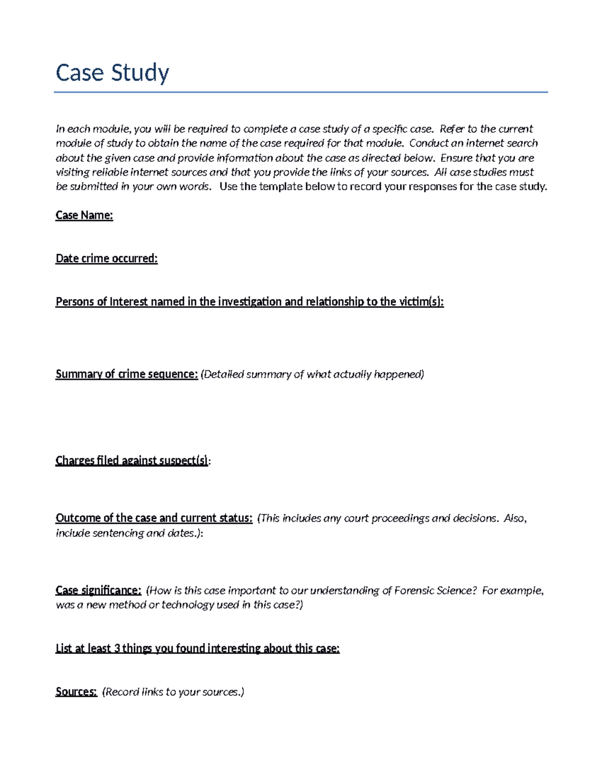 Case Study Worksheet: Analyzing Forensic Cases in Detail - Studocu
