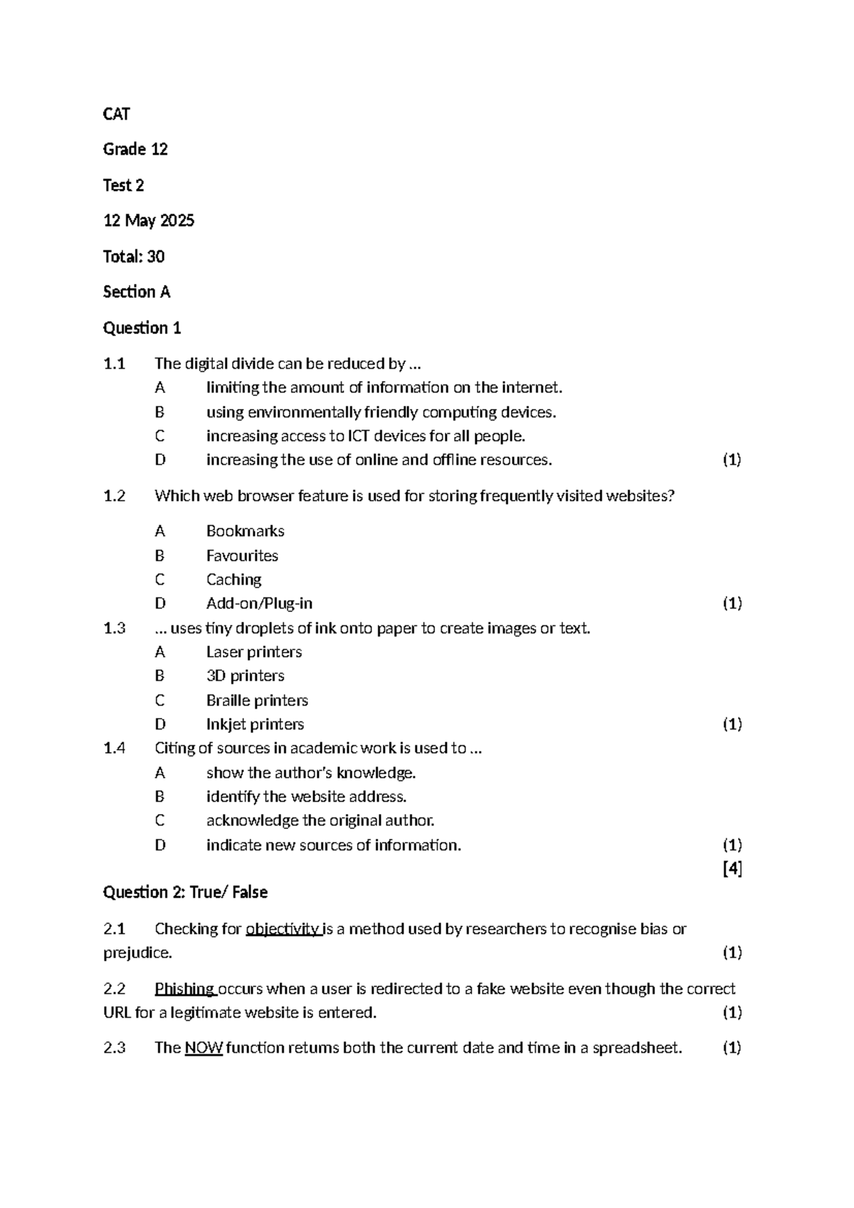 CAT Grade 12 Test 2 - Practice Paper for Term 1 (30 Marks) - Studocu