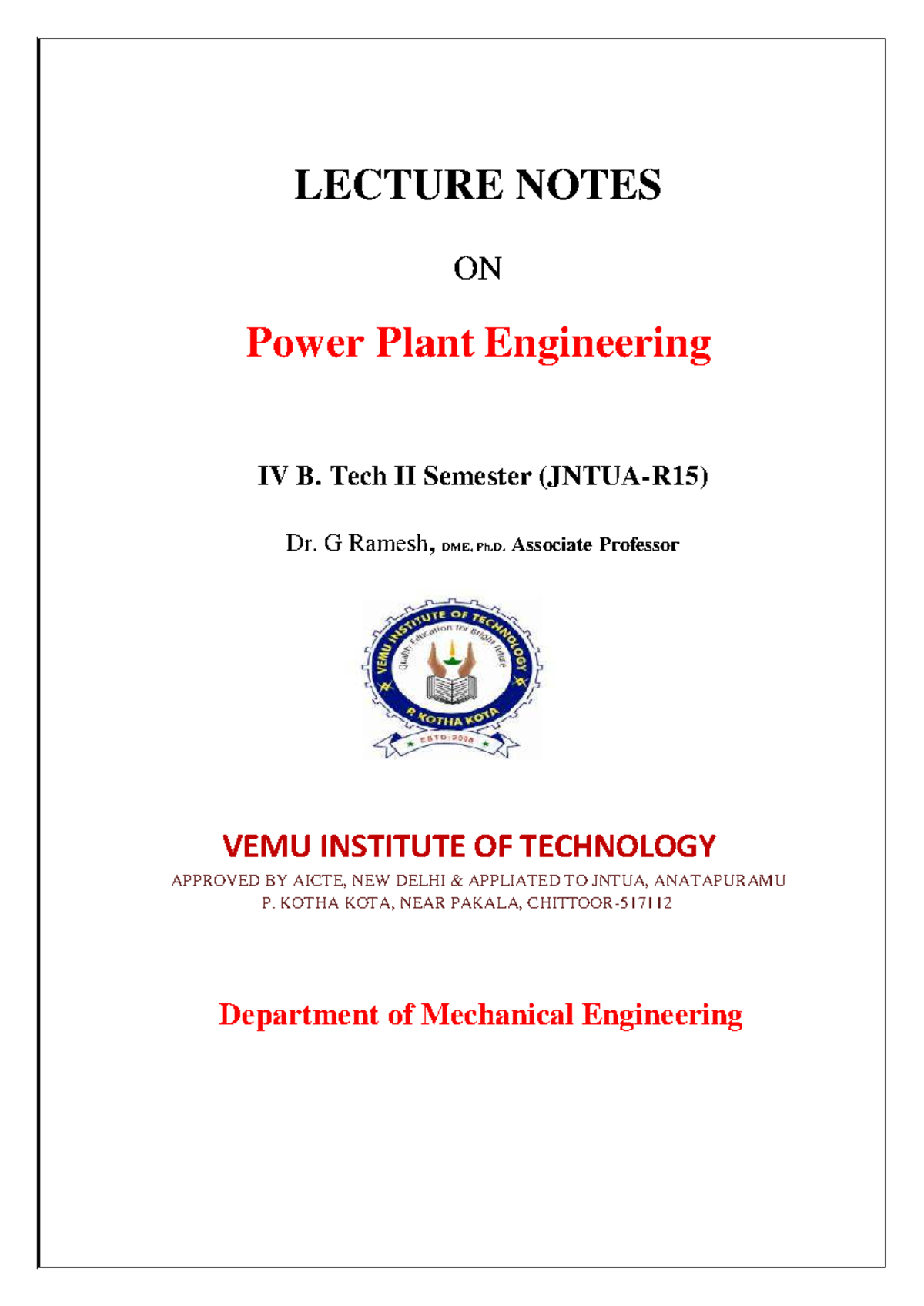 Power Plant Engineering IV - Lecture Notes for B. Tech II Sem - Studocu