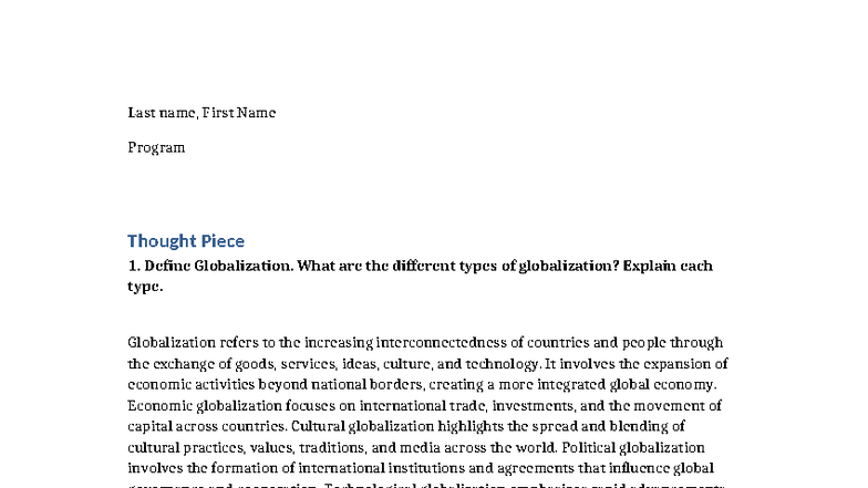 Globalization and Internationalism: A Thought Piece Analysis - Studocu