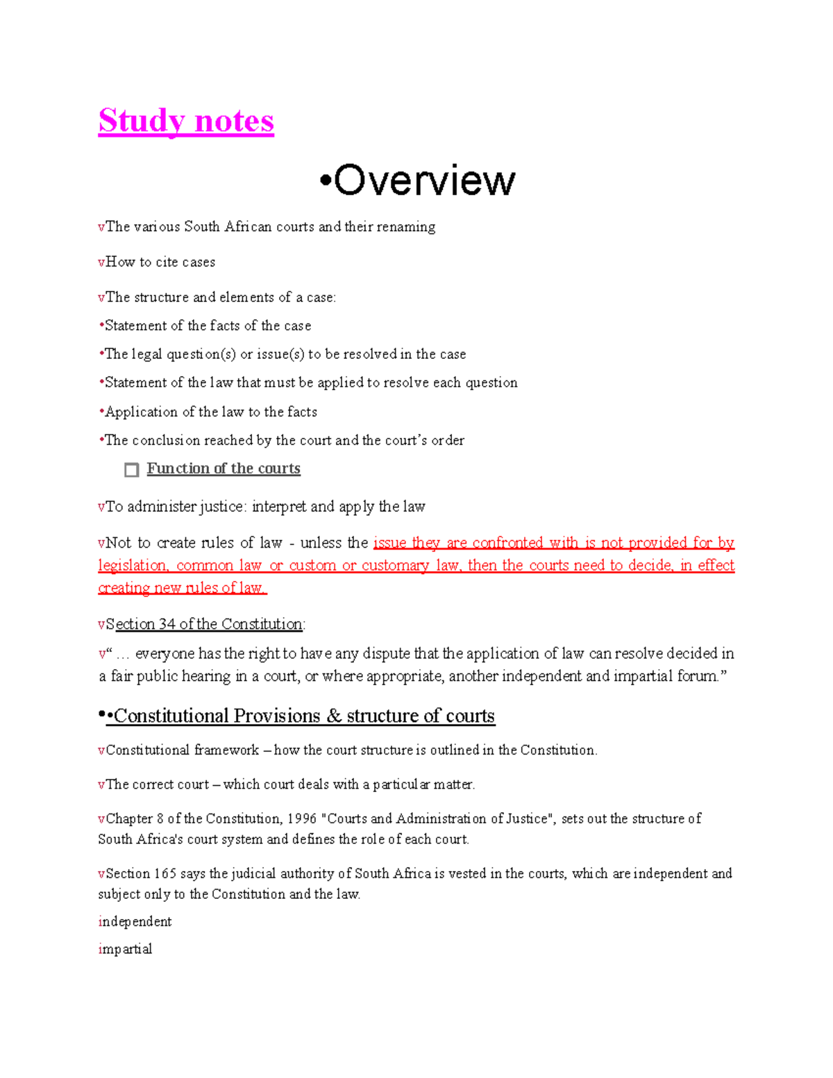 Study notes - courts and how to cite - Study notes •Overview vThe ...