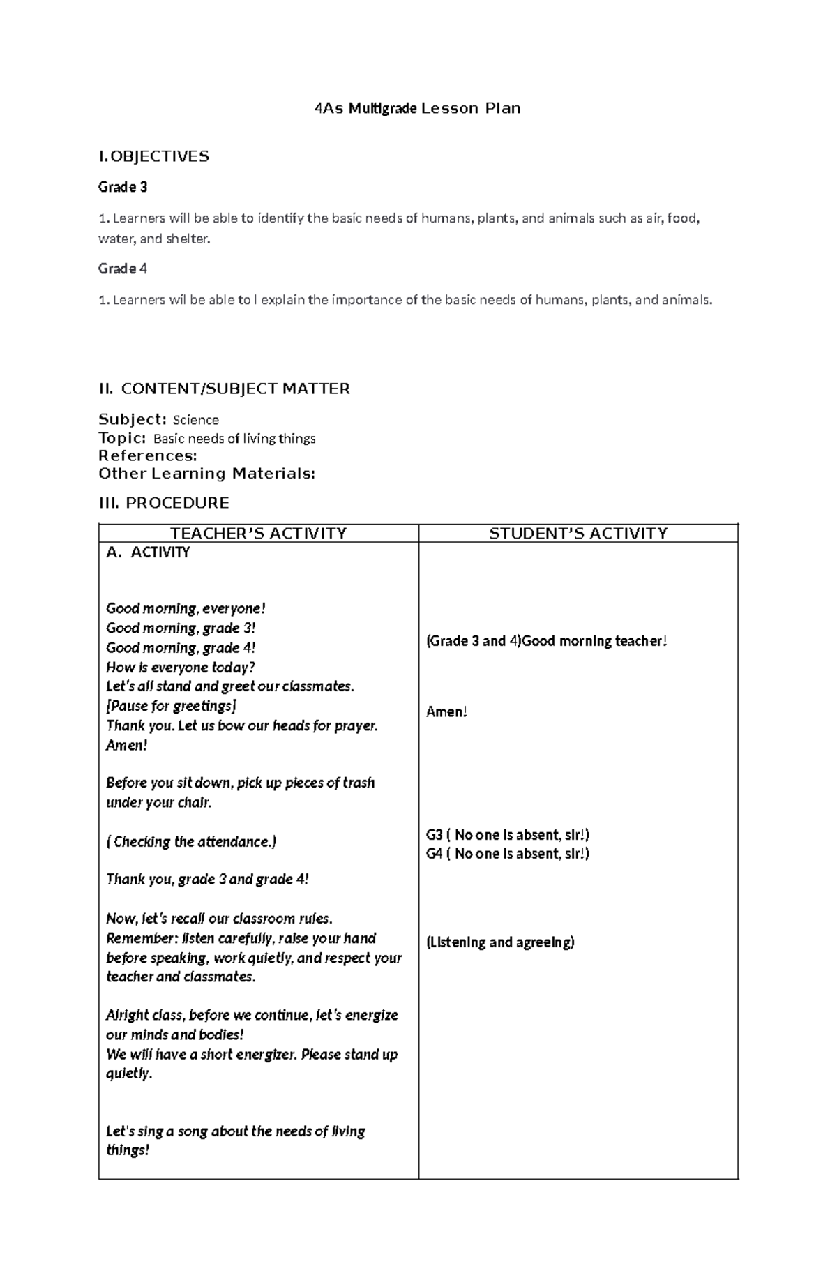 4As Multigrade Lesson Plan: Basic Needs of Living Things - Studocu