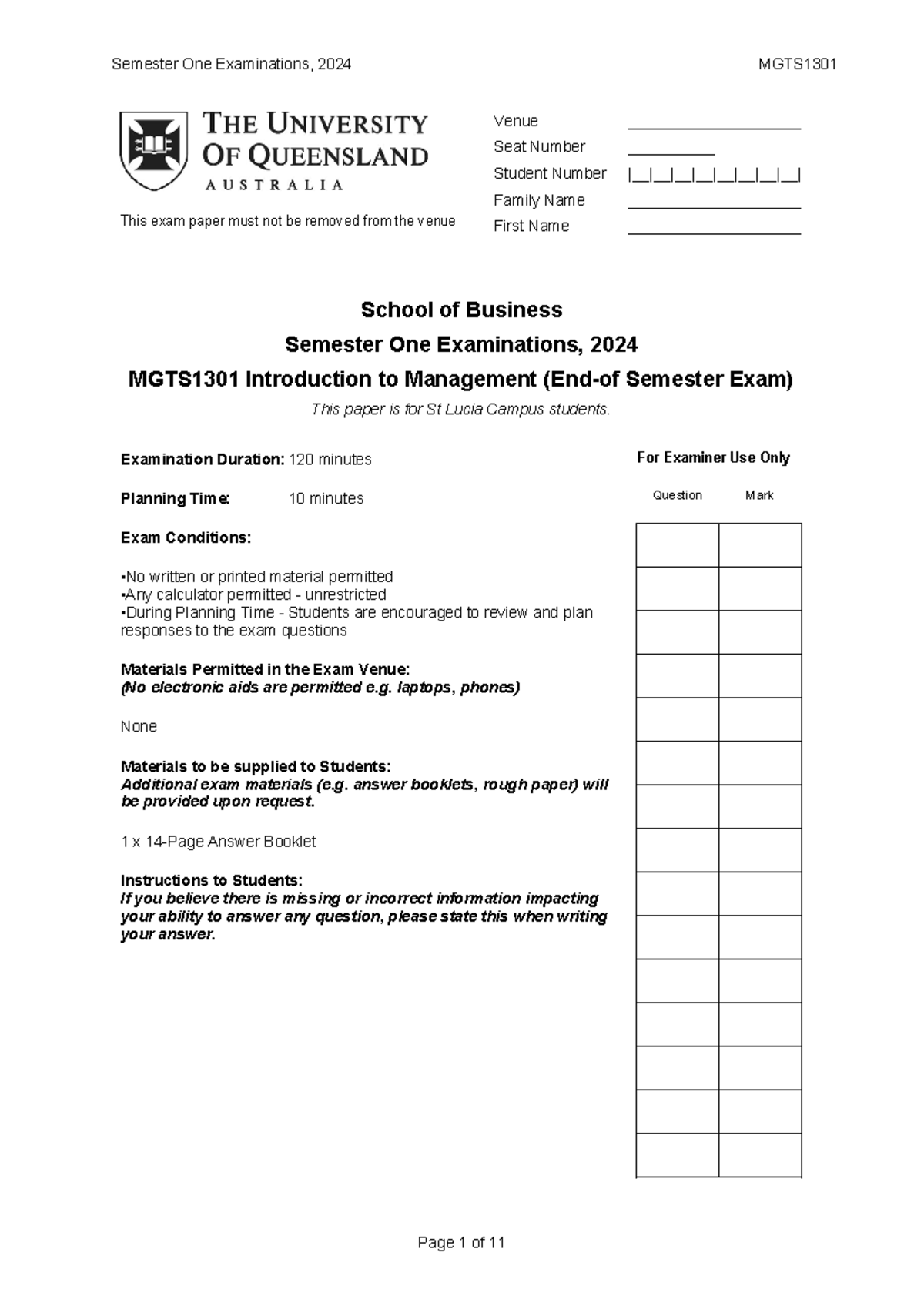 Semester One Exam 2024 MGTS1301: Introduction to Management Analysis ...
