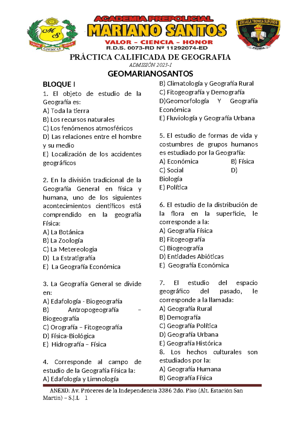 PRÁCTICA CALIFICADA DE GEOGRAFÍA ADMISIÓN BLOQUE I - REPASO 05-08 - Studocu