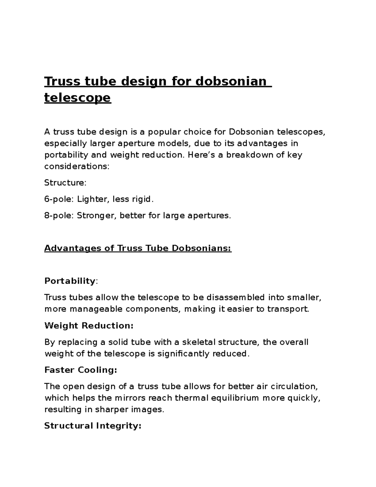 Truss Tube Design for Dobsonian Telescopes: Key Considerations - Studocu