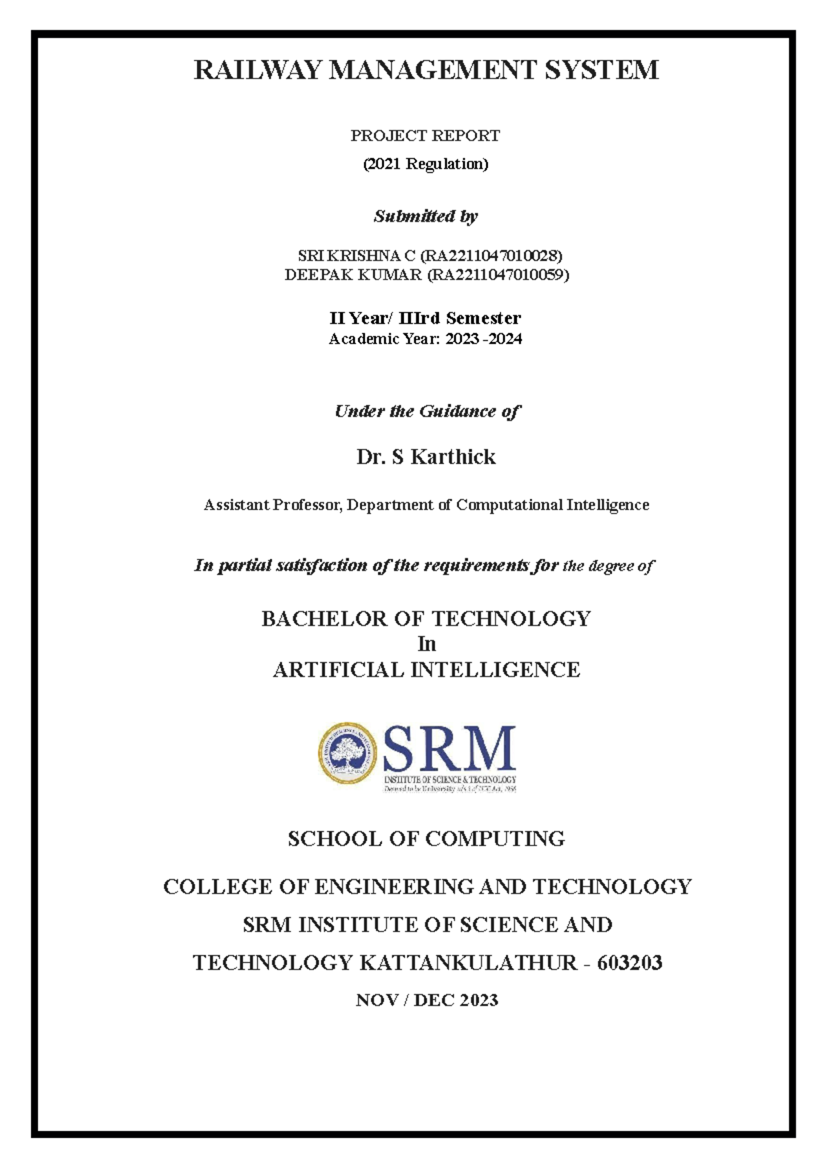 Railway Management System Project Report (21CSC101T - B.Tech AI) - Studocu