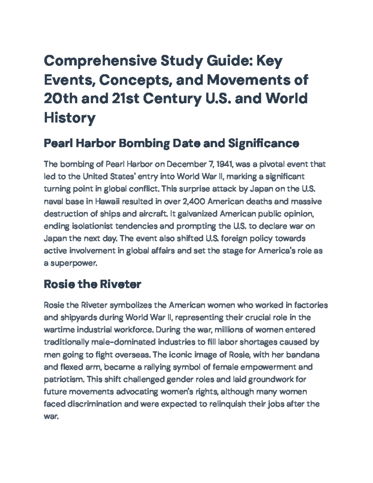 Comprehensive Study Guide: Key Events in 20th Century U.S. History ...