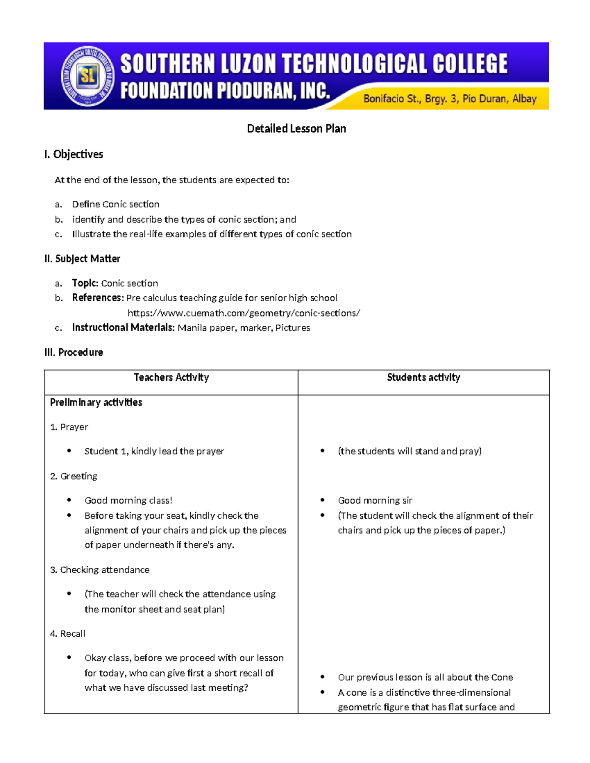 Detailed Lesson Plan on Conic Sections (Precalculus) - Studocu