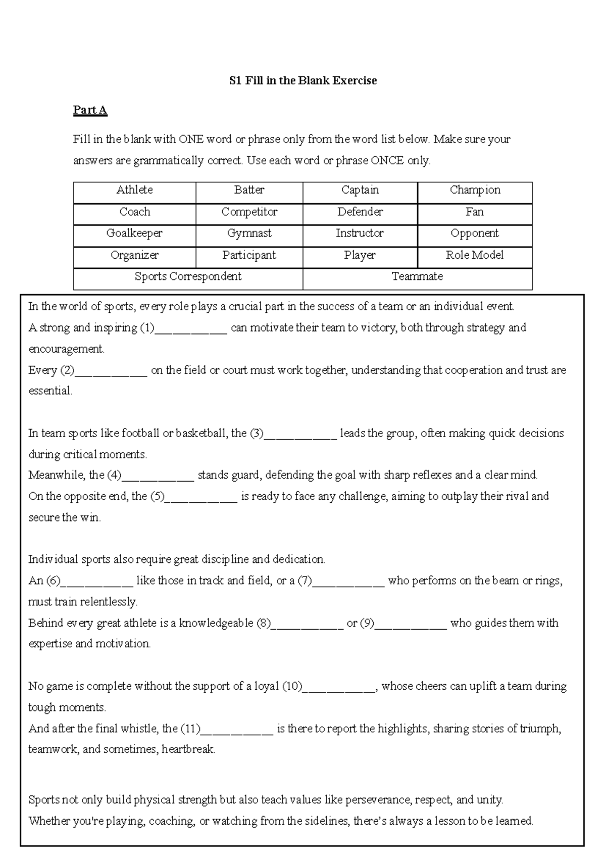 S1 Fill in the Blank Exercise: Sports & Cultural Celebrations - Studocu