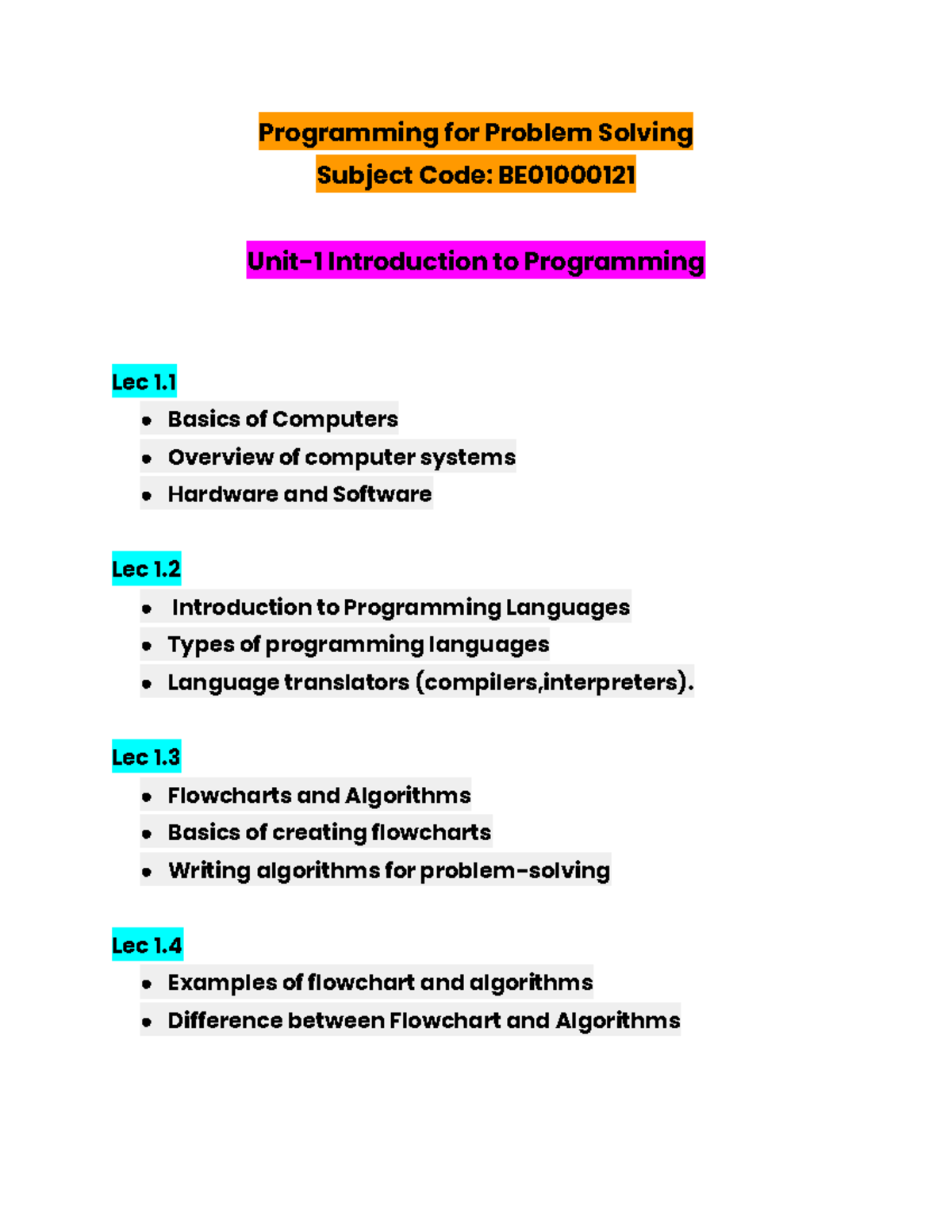 Unit 1: Introduction to Programming (CS101) - Basics of Computers, Languages, - Studocu