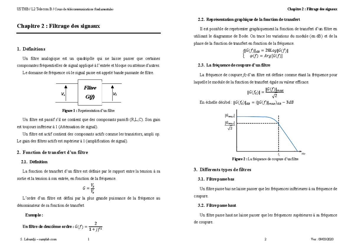 Chapitre 2 : Filtrage des signaux en Télécommunication Fondamentale ...