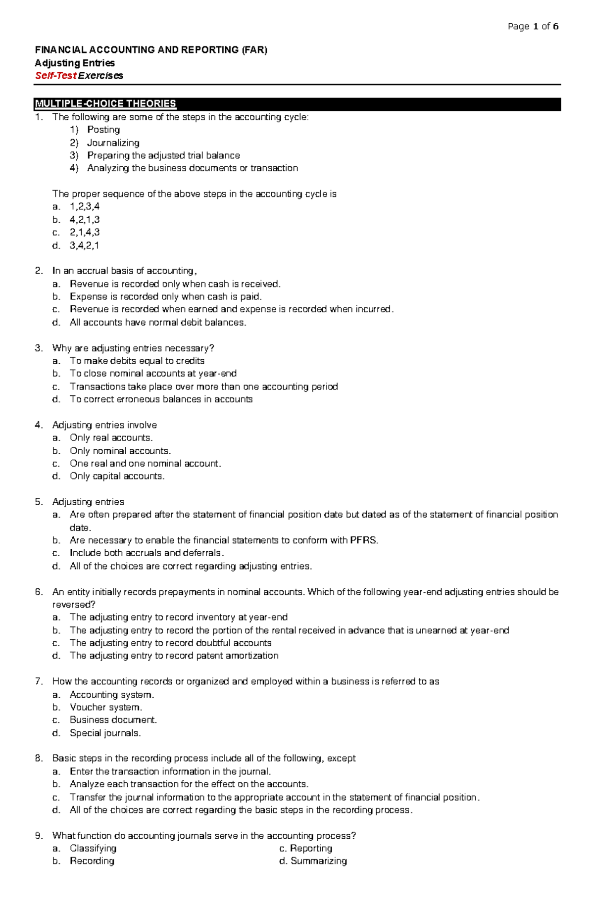 FAR Part 1 - Self-Test on Adjusting Entries in Accounting - Studocu