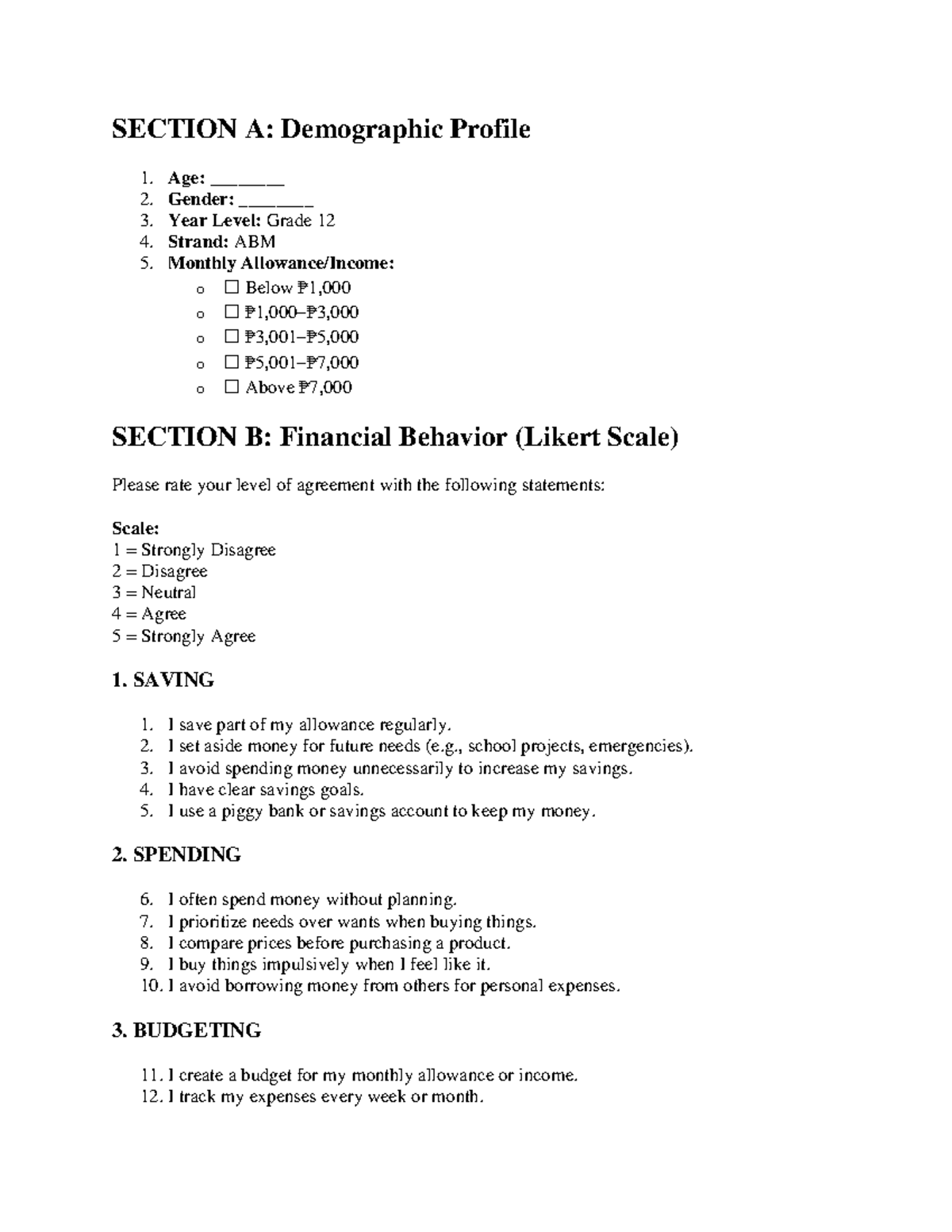 ABM 12: Questionnaire on Financial Behavior and Demographics - Studocu