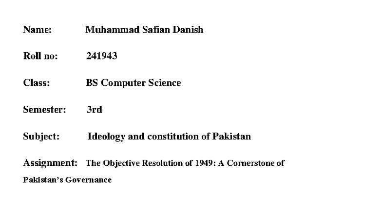 Assignment: The Objective Resolution of 1949 in Pakistan's Governance ...