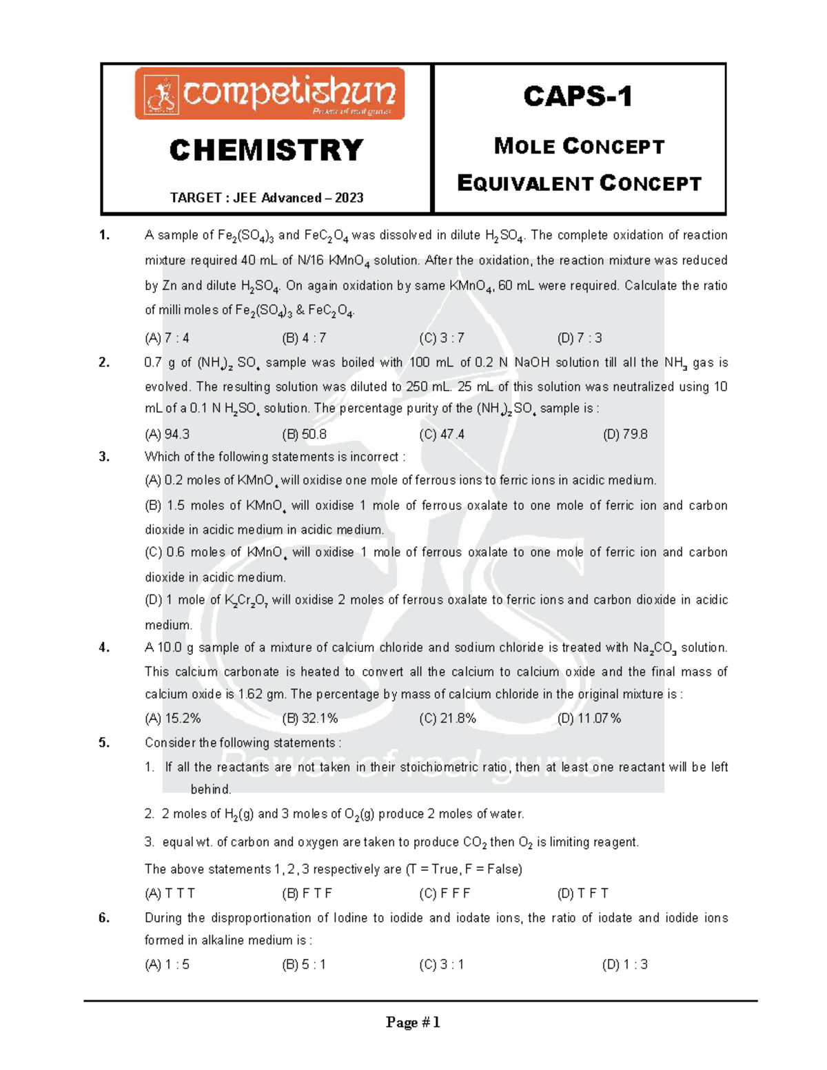 CHEMISTRY MOLE CONCEPT & EQUIVALENT CONCEPT TARGET: JEE Adv 2023 - Studocu