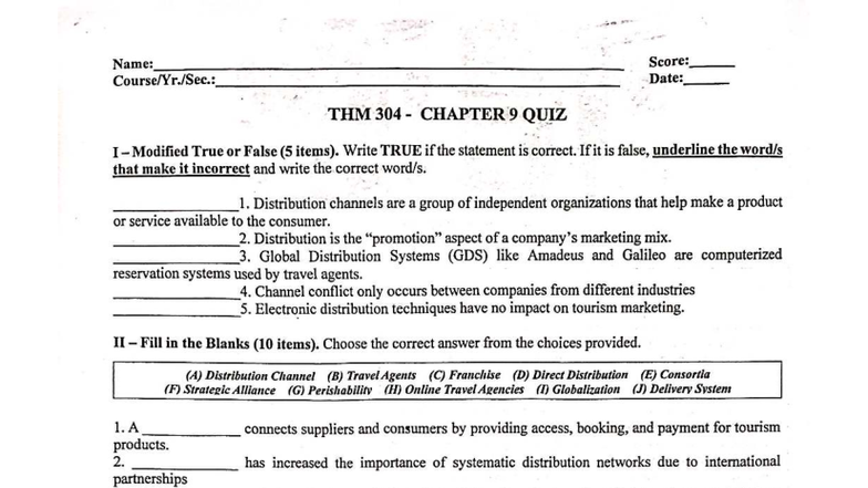 THM 304 CHAPTER 9 QUIZ I: Modified True/False & Fill in the Blanks ...