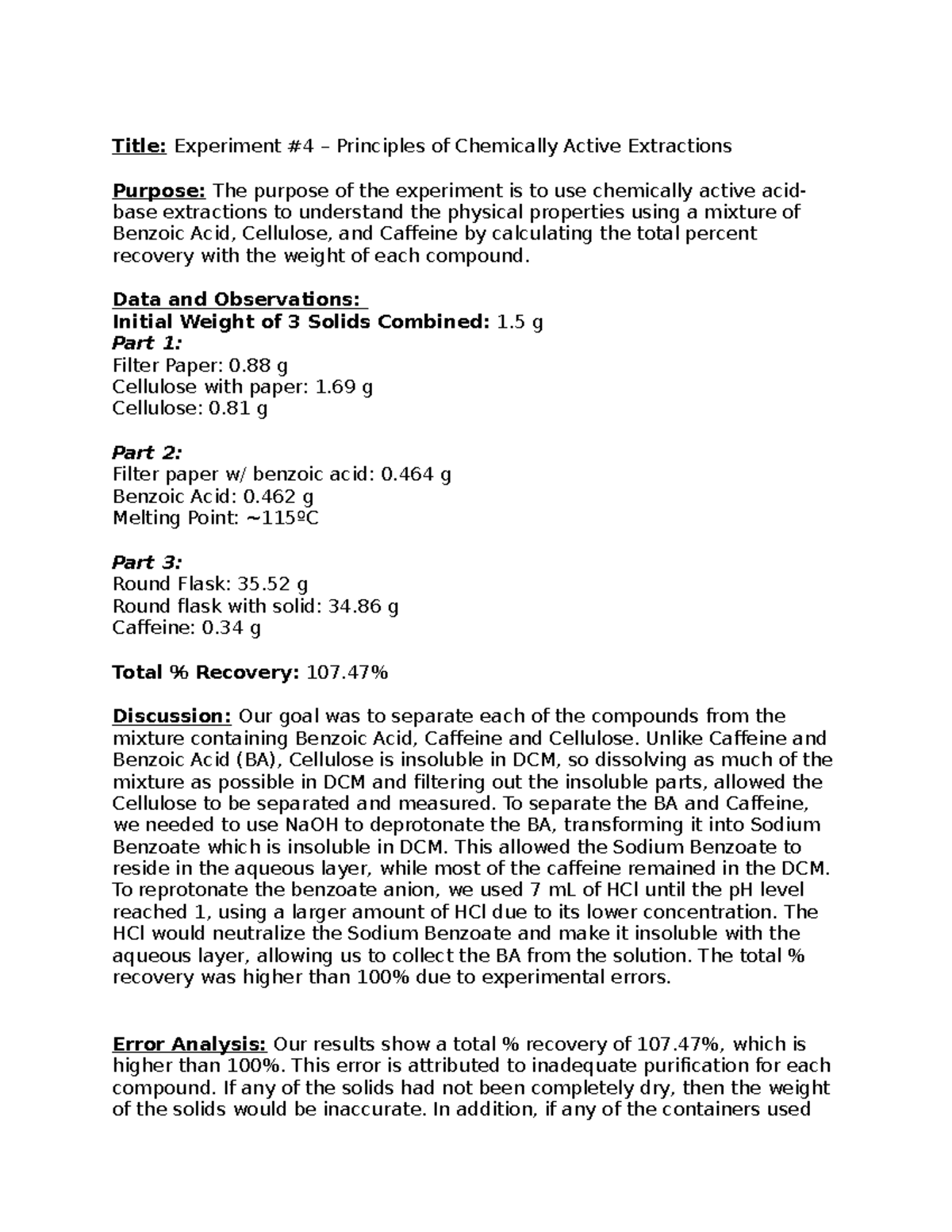 Lab Report Exp 4 - Organic Chemistry Lab - Title: Experiment #4 ...