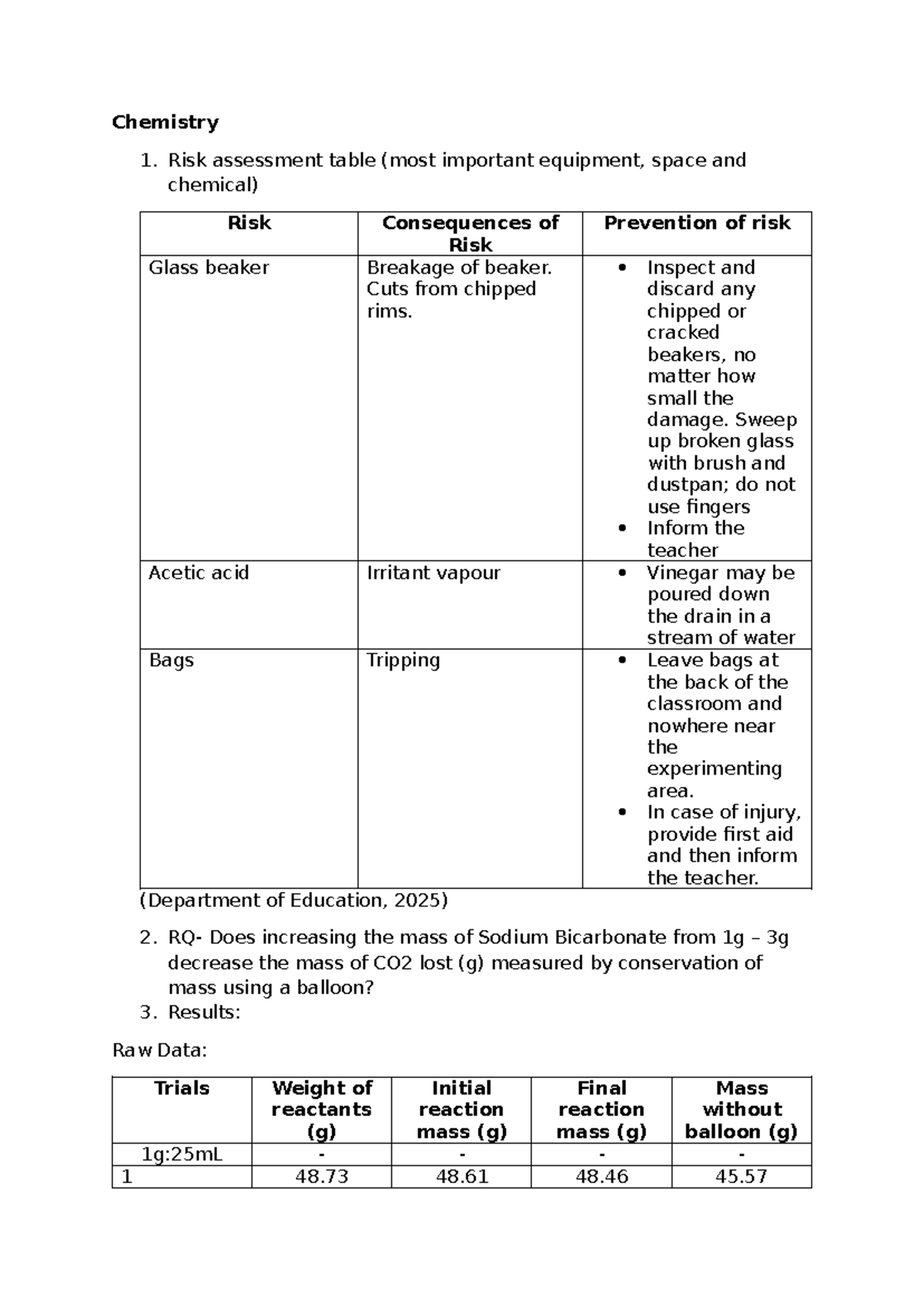 Chemistry 1. Risk Assessment and Experiment Analysis Report - Studocu