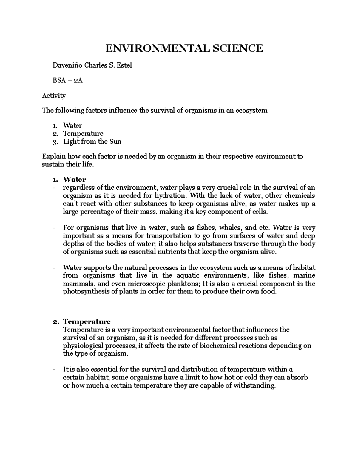 Environmental Science - ENVIRONMENTAL SCIENCE Daveniño Charles S. Estel ...