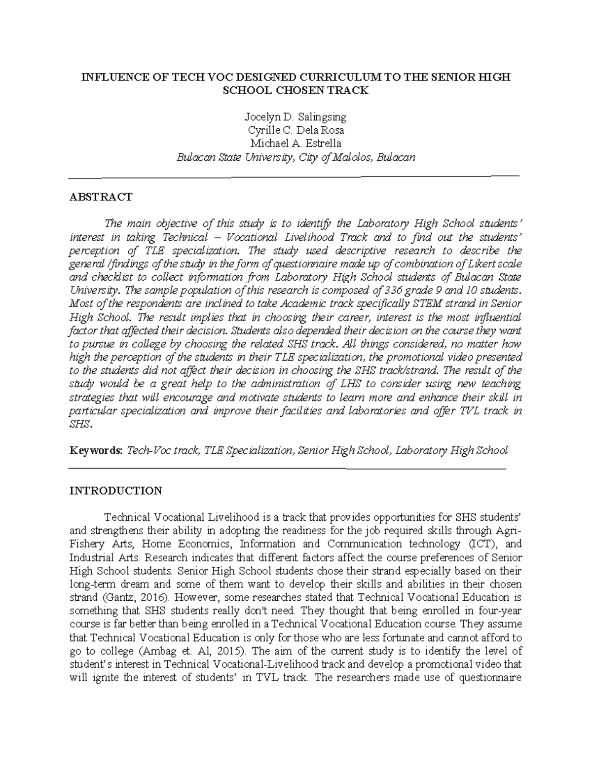 Influence of Tech-Voc Curriculum on Senior High School Choices (SHS ...