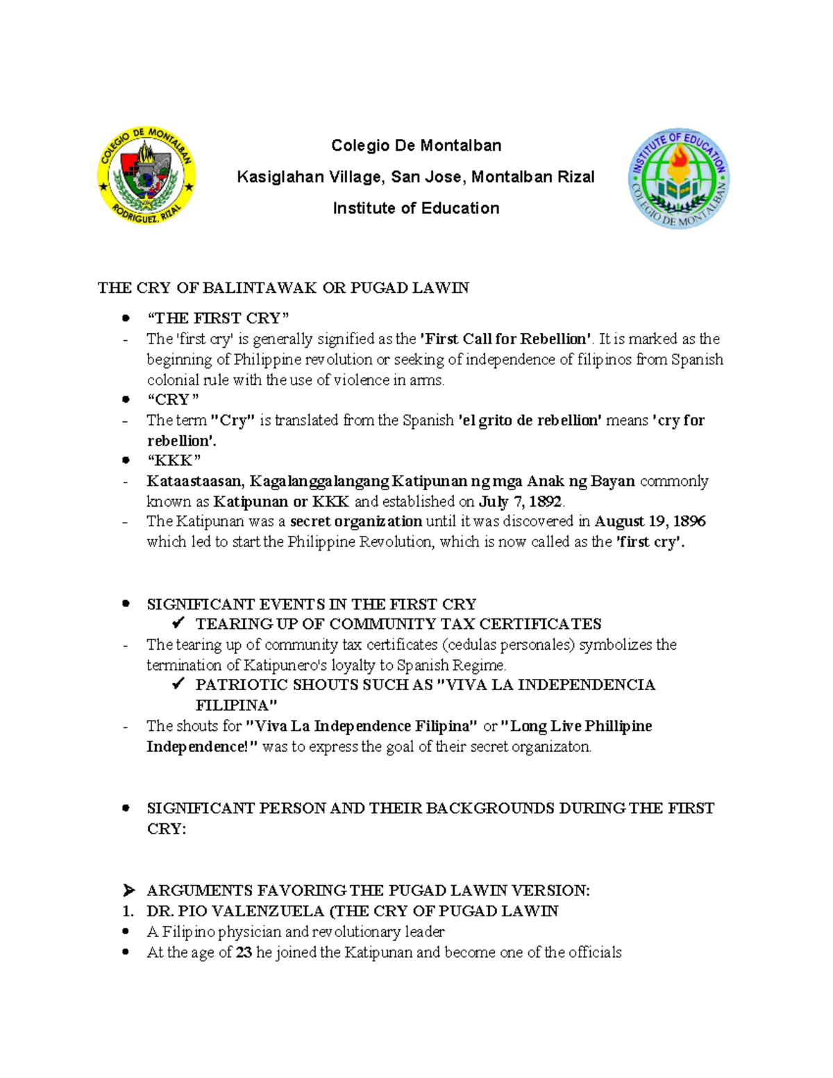 History: The First Cry of Pugad Lawin/Balintawak (THE) Study Guide ...