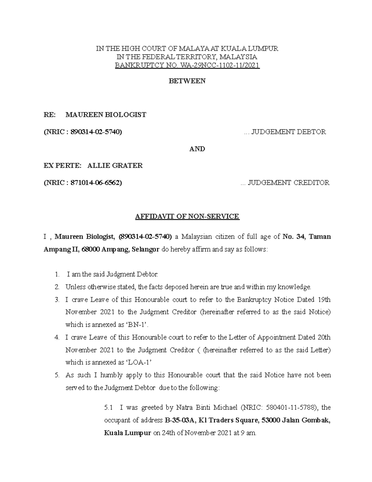 Affidavit of Non-Service & Bankruptcy Notice - WA-29NCC-1102-11/ - Studocu
