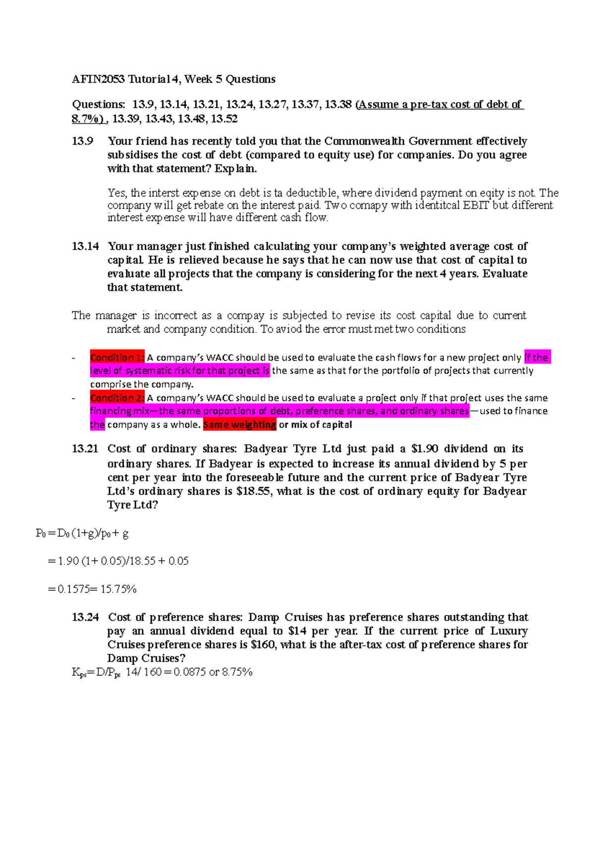 AFIN2053 Week 5 Tutorial 4 Questions and Answers - Studocu