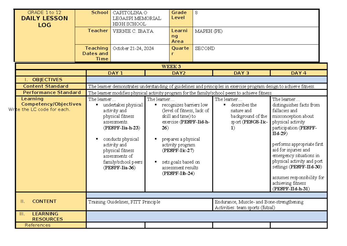 Grade 8 MAPEH Daily Lesson Log: Week 3 Activities & Assessments - Studocu