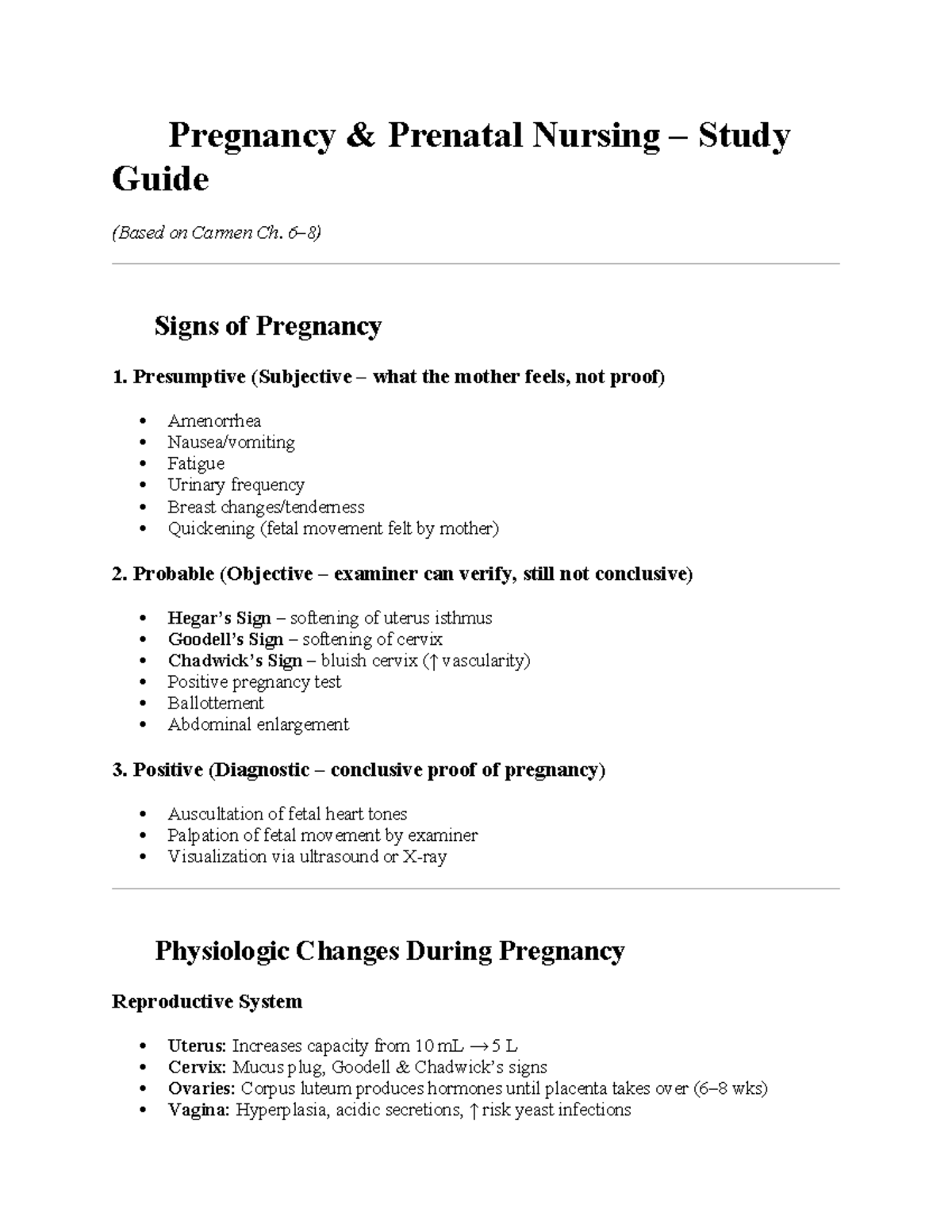 Pregnancy Prenatal Nursing Study Guide (Carmen Ch. Overview) - Studocu