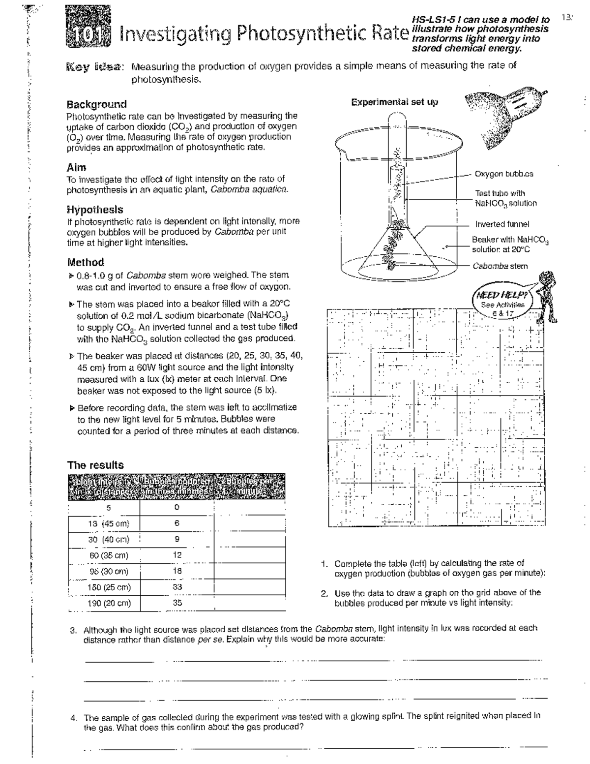 Biozone 101 Photosynthesis investigation - HS-LS1-5 I can use a model ...