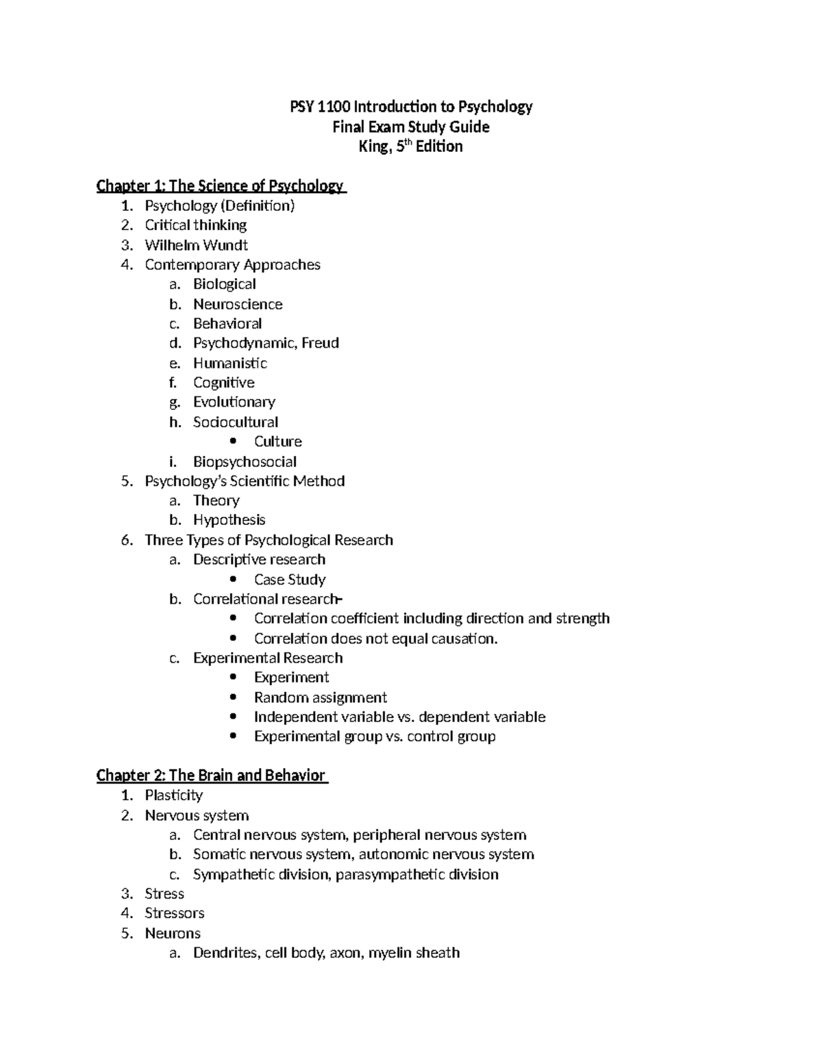 PSY 1100 Final Exam Study Guide King 5th Revised - PSY 1100 ...