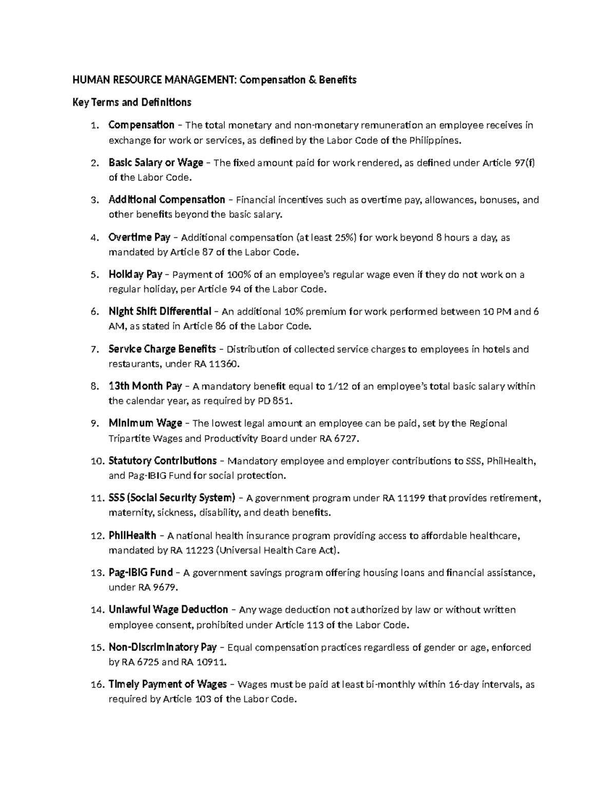 HRM 101: Key Terms and Definitions for Compensation Benefits - Studocu
