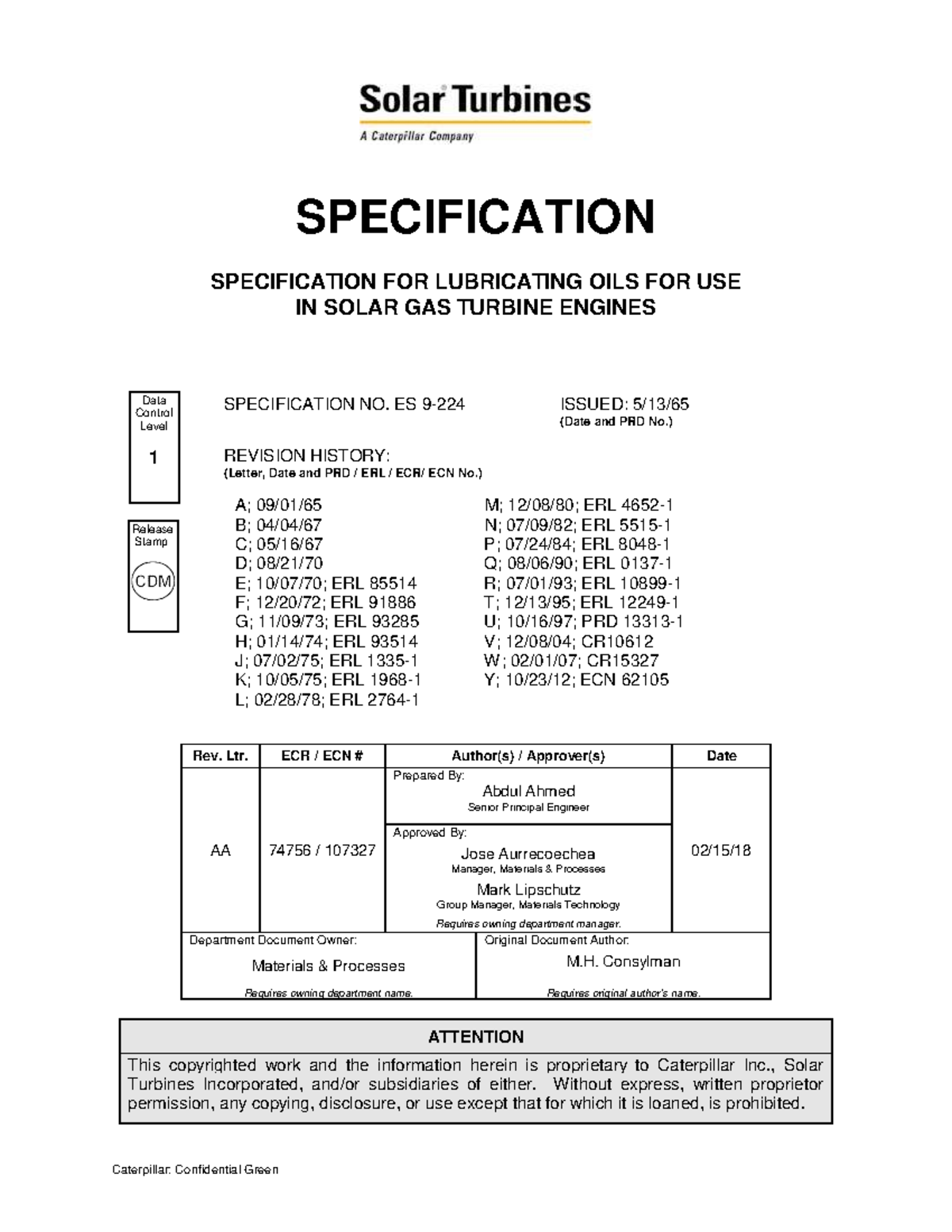Specification ES9-224: Lubricating Oils for Solar Gas Turbines - Studocu